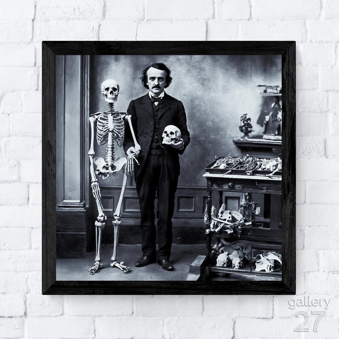 Edgar Allen Poe With Skeleton, Horror Author, Literature, Premium Fine ...