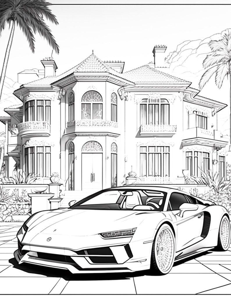 Luxury Cars Coloring Pages: Mansion Scenes (digital Download) - Etsy