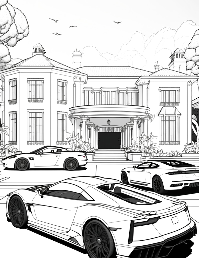Luxury Cars Coloring Pages: Mansion Scenes (digital Download) - Etsy