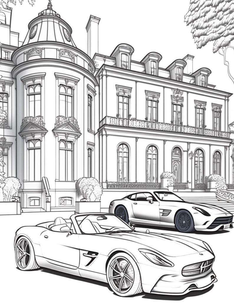 Luxury Cars Coloring Pages: Mansion Scenes (digital Download) - Etsy