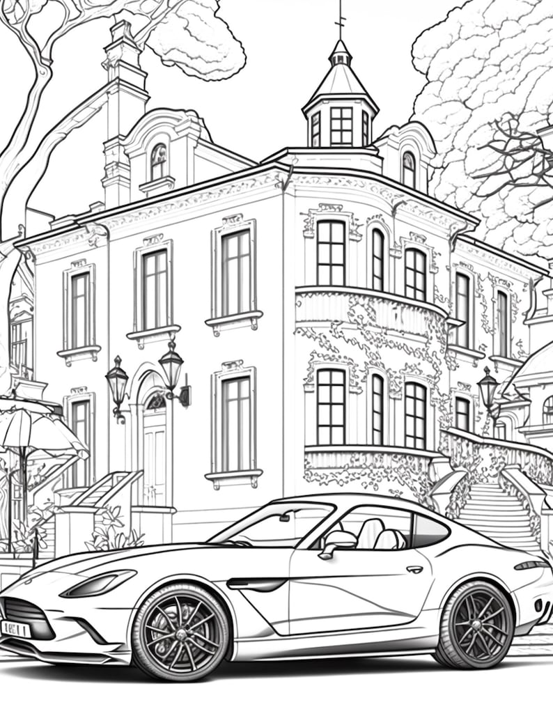 Luxury Cars Coloring Pages: Mansion Scenes (digital Download) - Etsy