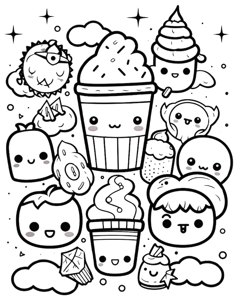 50 Kawaii Cute Coloring Pages - Etsy