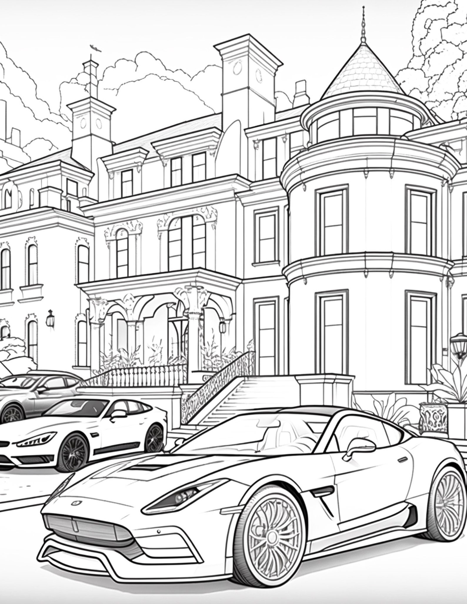 Luxury Cars Coloring Pages: Mansion Scenes (digital Download) - Etsy