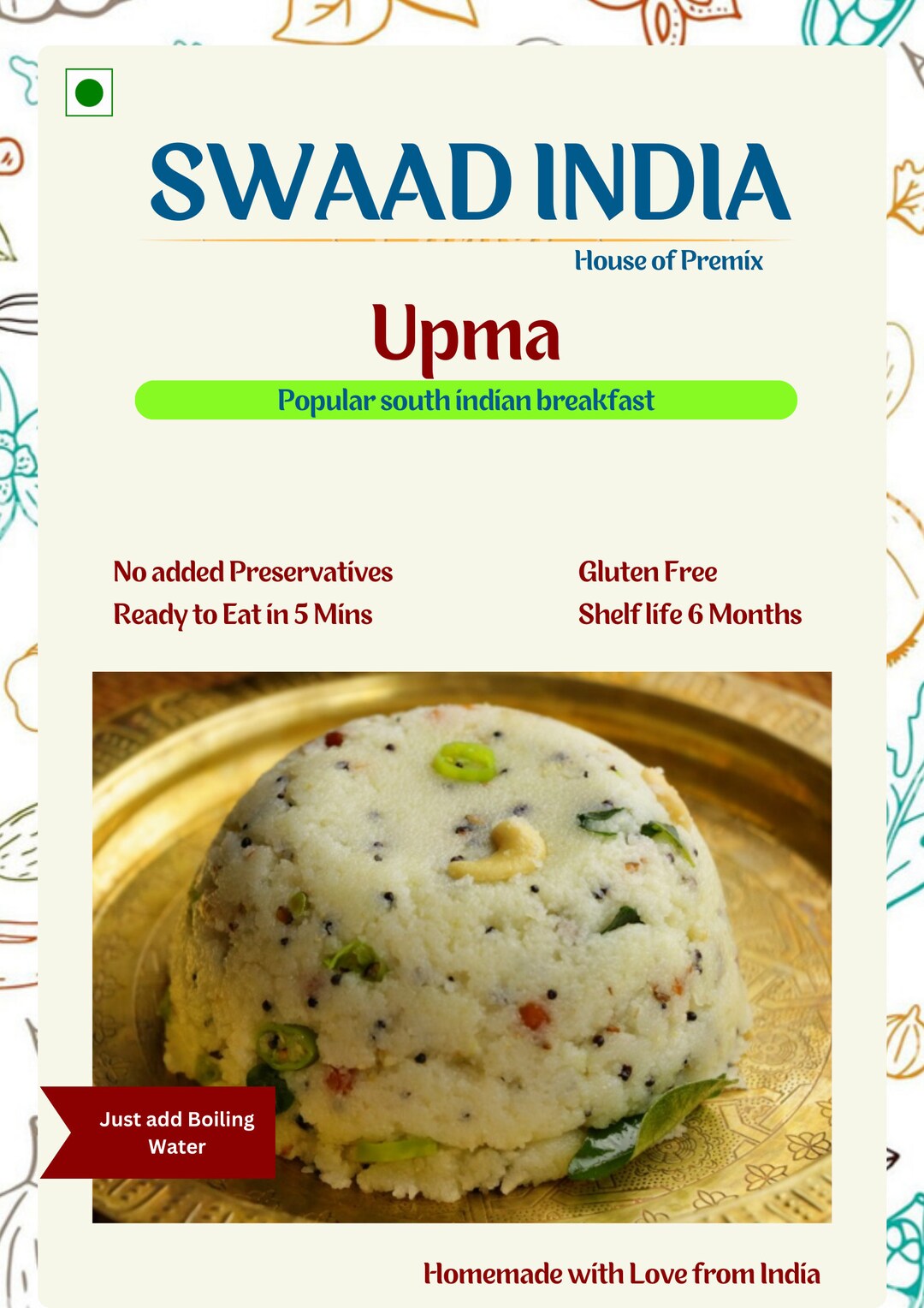 Instant Breakfast Upma semolina Flour, Just Add Water, No Preservatives ...