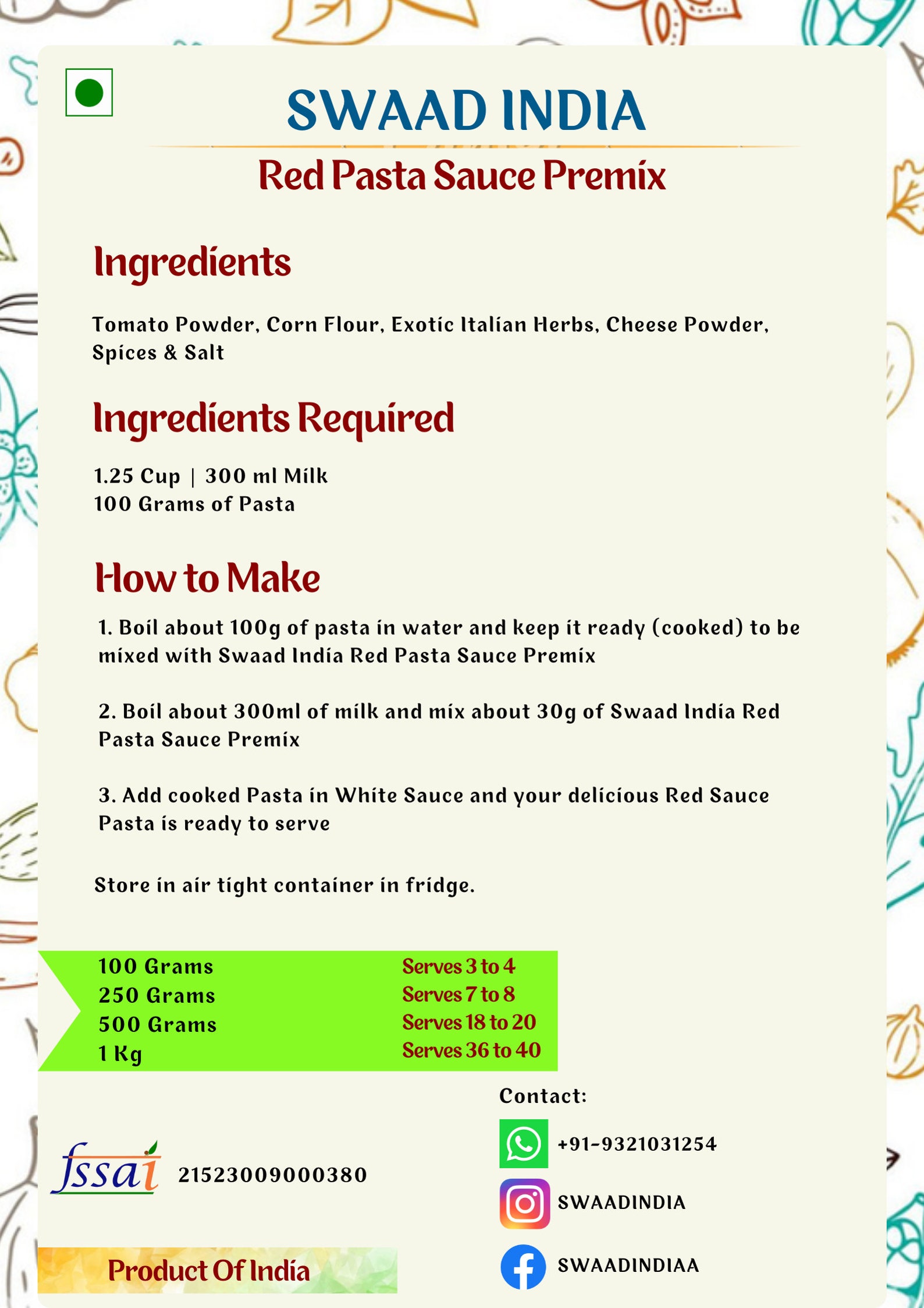 Red Tomato Pasta Sauce Powder Premix, Just Add Milk & Pasta, No ...