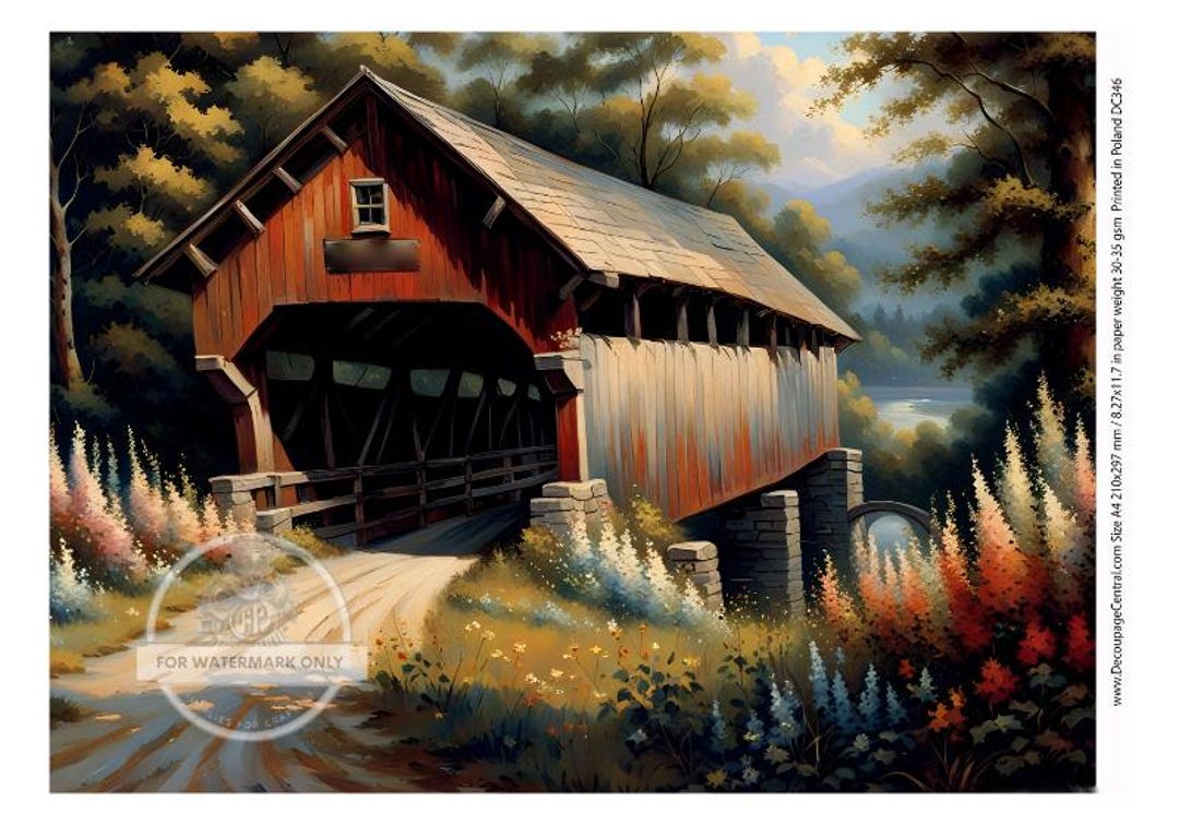 A4 Covered Bridge Decoupage Rice Paper DC346 - Red Covered Bridge Wall ...
