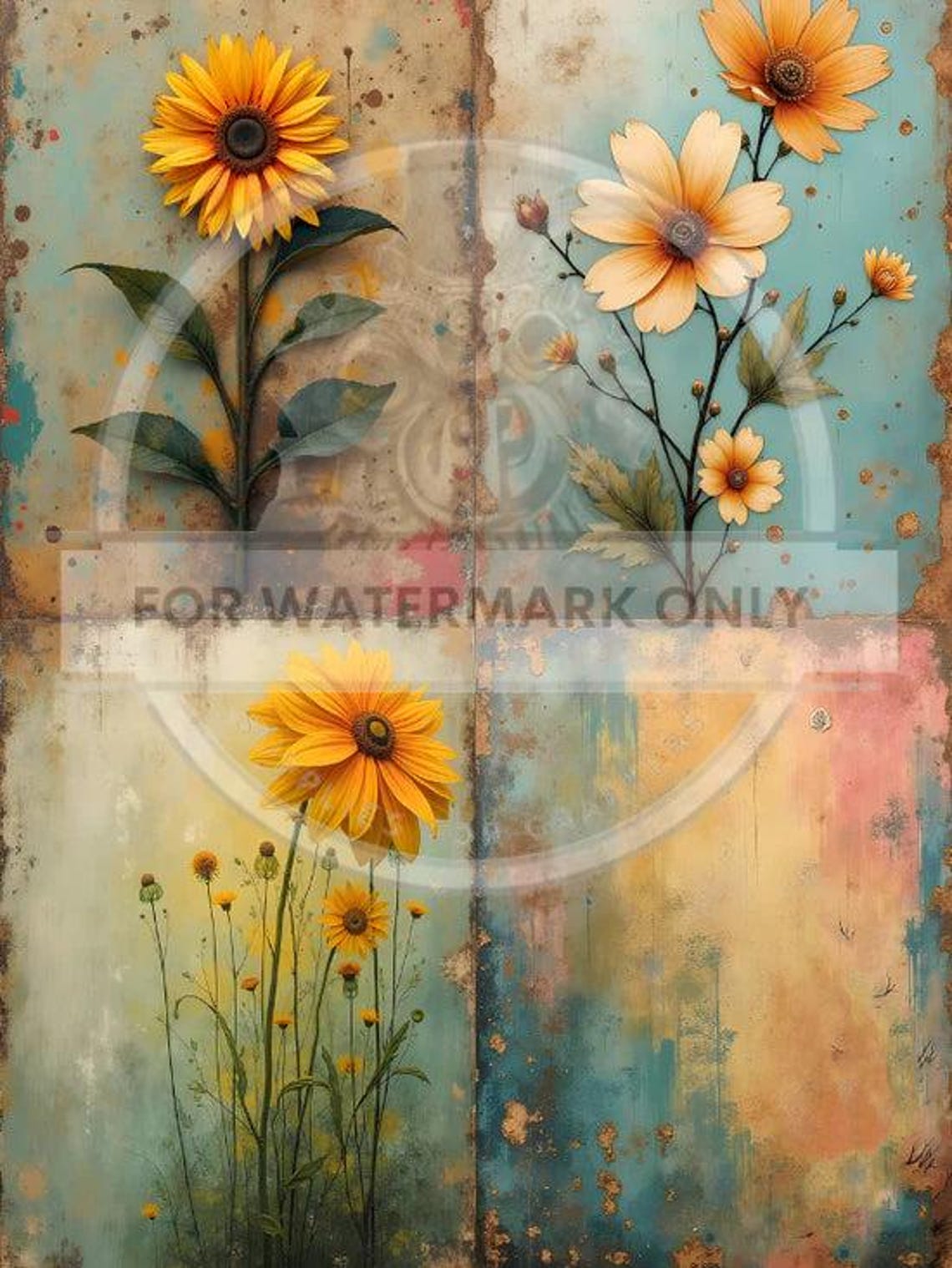 A4 Patina Flower Quad Decoupage Rice Paper DC629 | Watercolor Sunflower ...