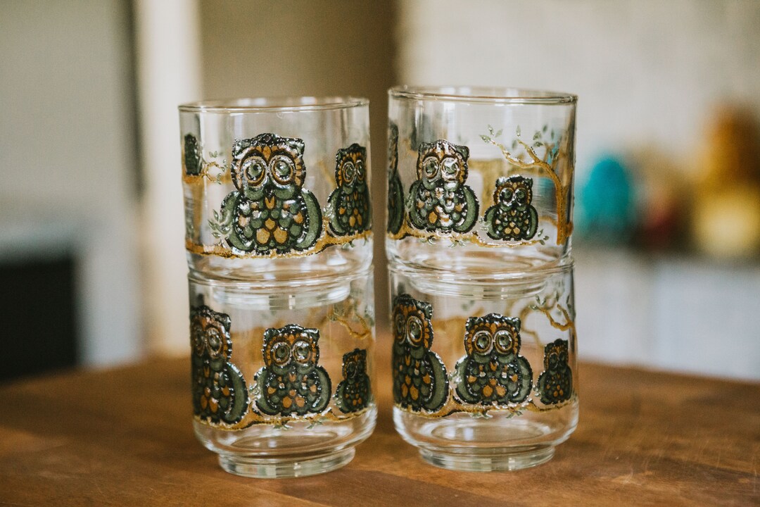 Vintage MCM Stained Glass Effect Owl Family Libby Juice Glasses 4 Pc ...