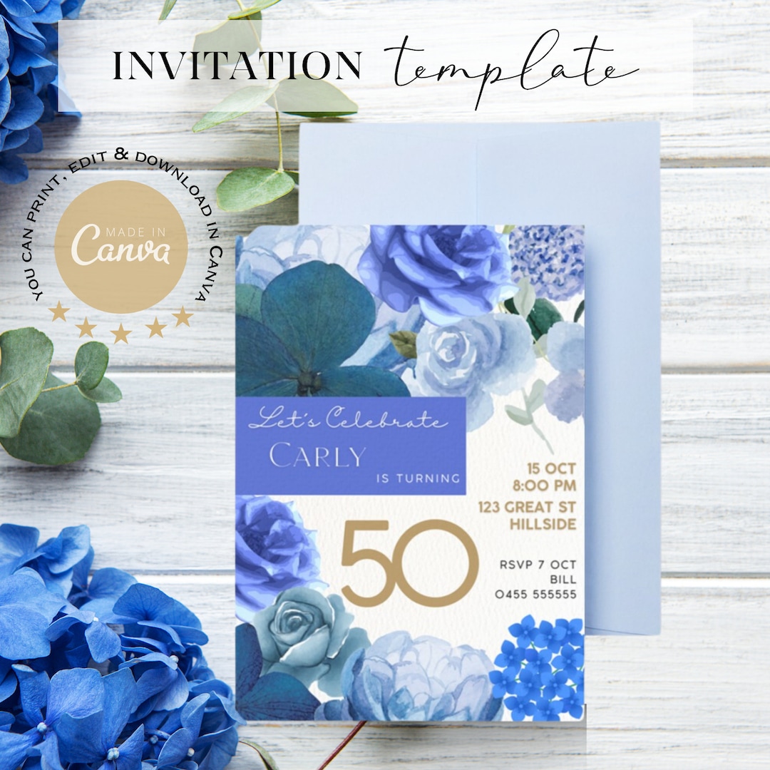 Editable 50th Birthday Invitation Template Digital Download Blue ...