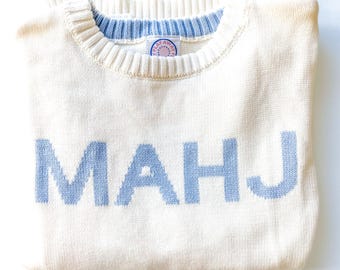 MAHJ Knit Block Letter Sweater - Perfect Mahjong Lover/ Teacher Gift Green and Blush Pink Grand ...