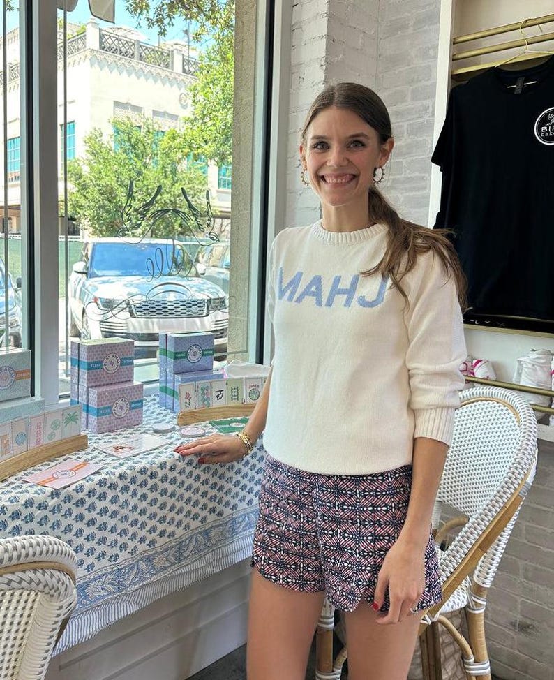 MAHJ Knit Block Letter Sweater - Perfect Mahjong Lover/ Teacher Gift Blue and White Grand ...