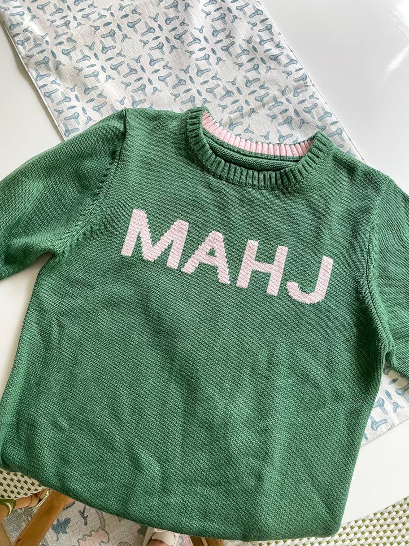 MAHJ Knit Block Letter Sweater - Perfect Mahjong Lover/ Teacher Gift Green and Blush Pink Grand ...