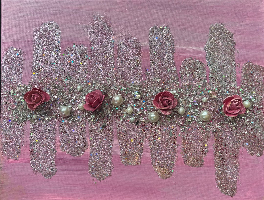 Pinksilver Bling Painting Glitter Roses Pearls shattered Glass Art ...