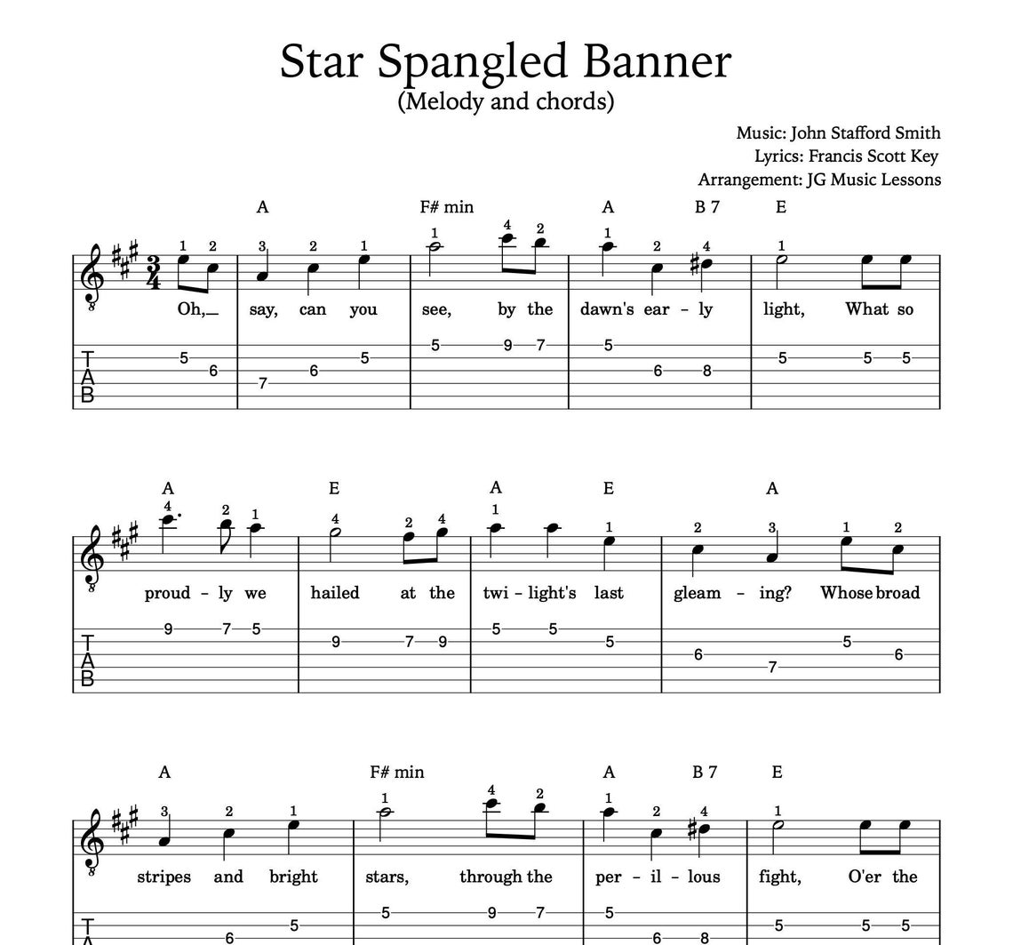 Star Spangled Banner Guitar Sheet Music With Tabs Chords and Melody - Etsy