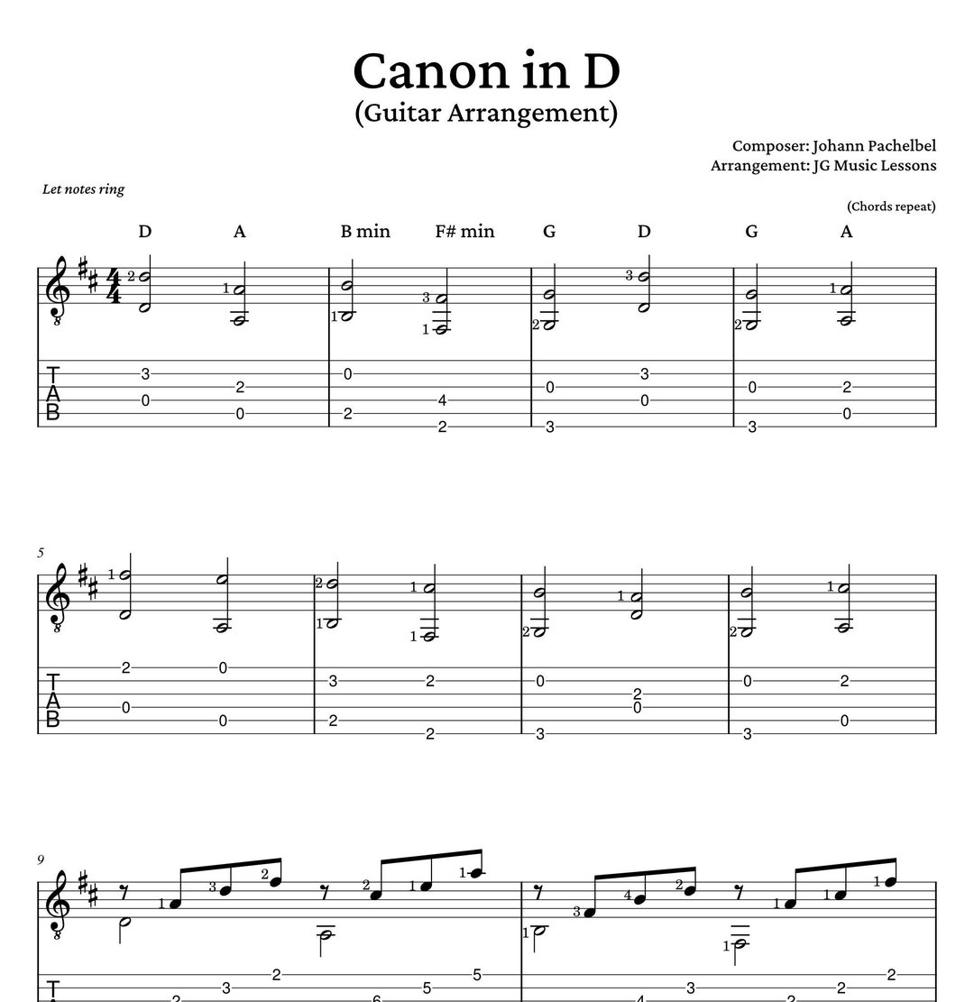 Canon in D Guitar Sheet Music With Tabs - Chords and Arrangement - Etsy