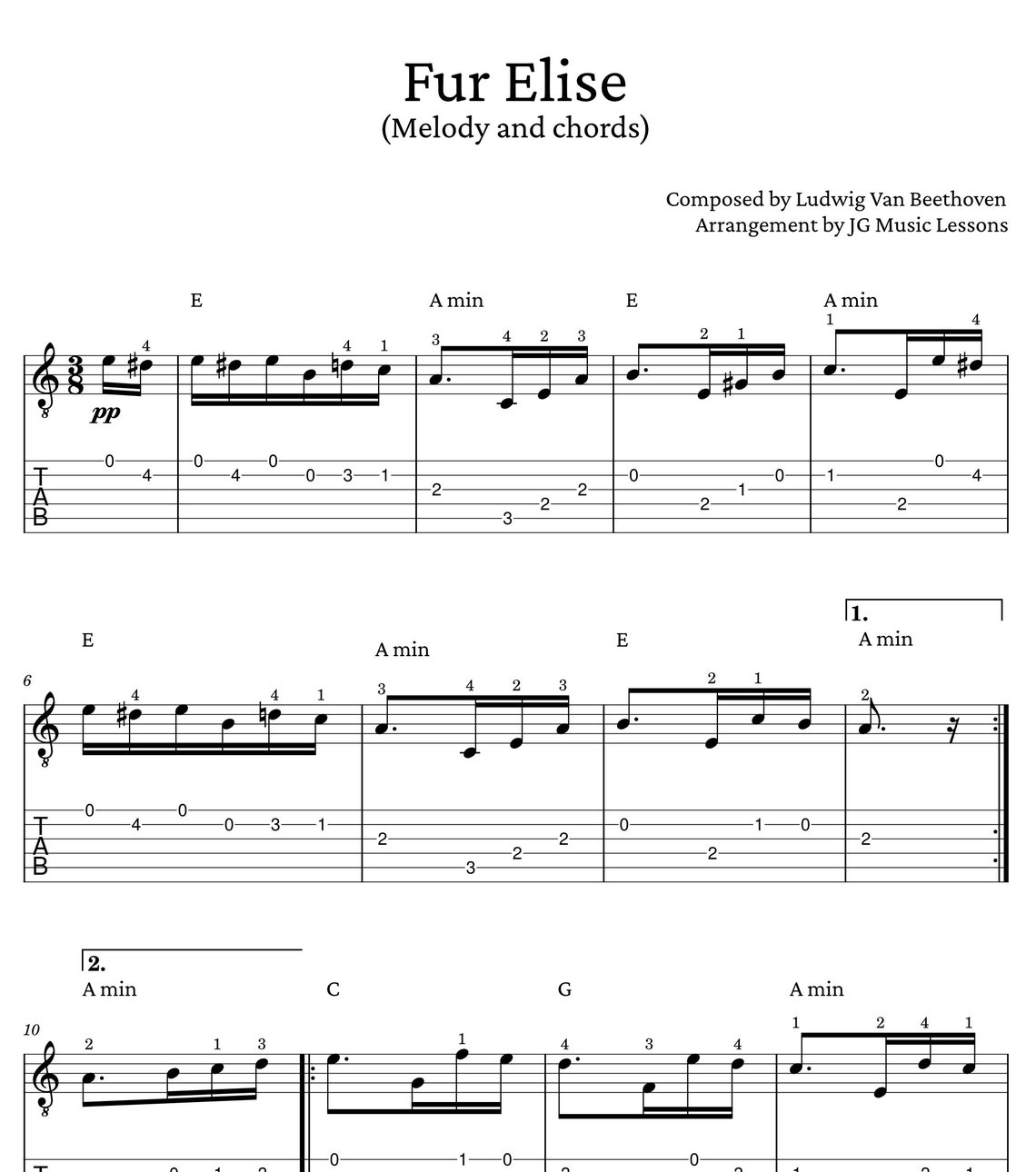Fur Elise Guitar Sheet Music With Tabs Chord Charts, Melody and ...