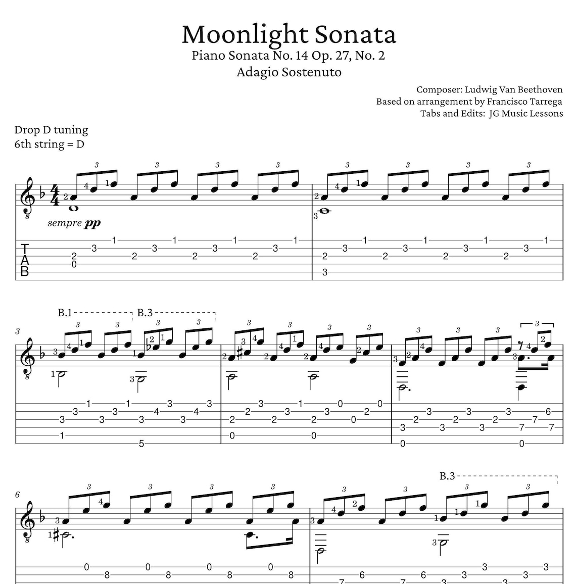 Moonlight Sonata Guitar Sheet Music With Tabs - Etsy