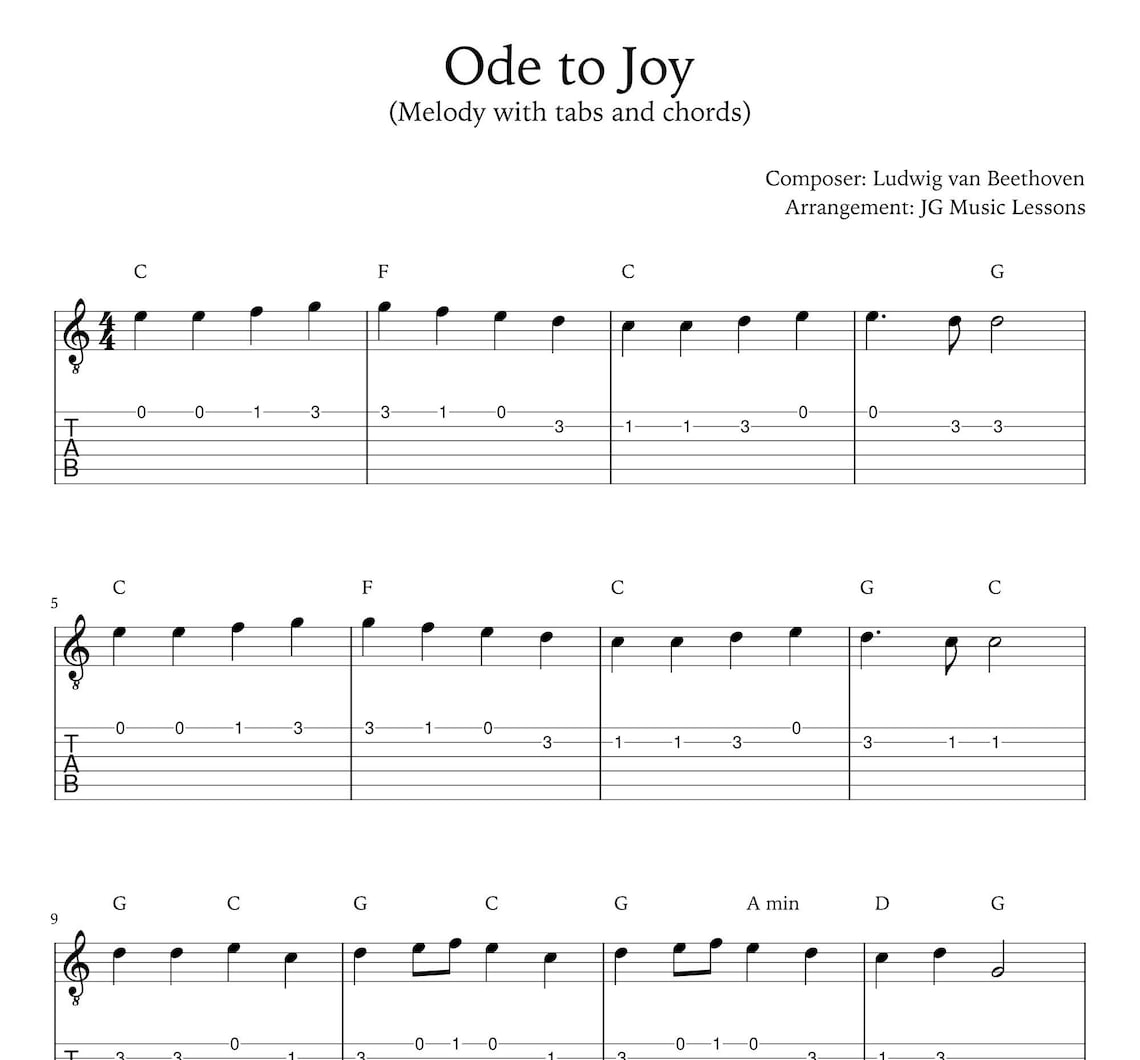 Ode to Joy Guitar Sheet Music With Tabs Chords, Melody and Arrangement ...