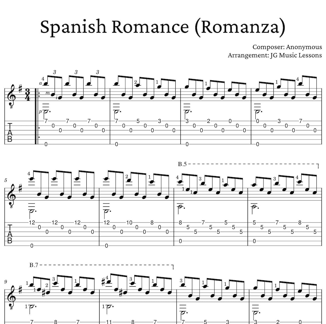 Spanish Romance (romanza) Guitar Tabs - Etsy