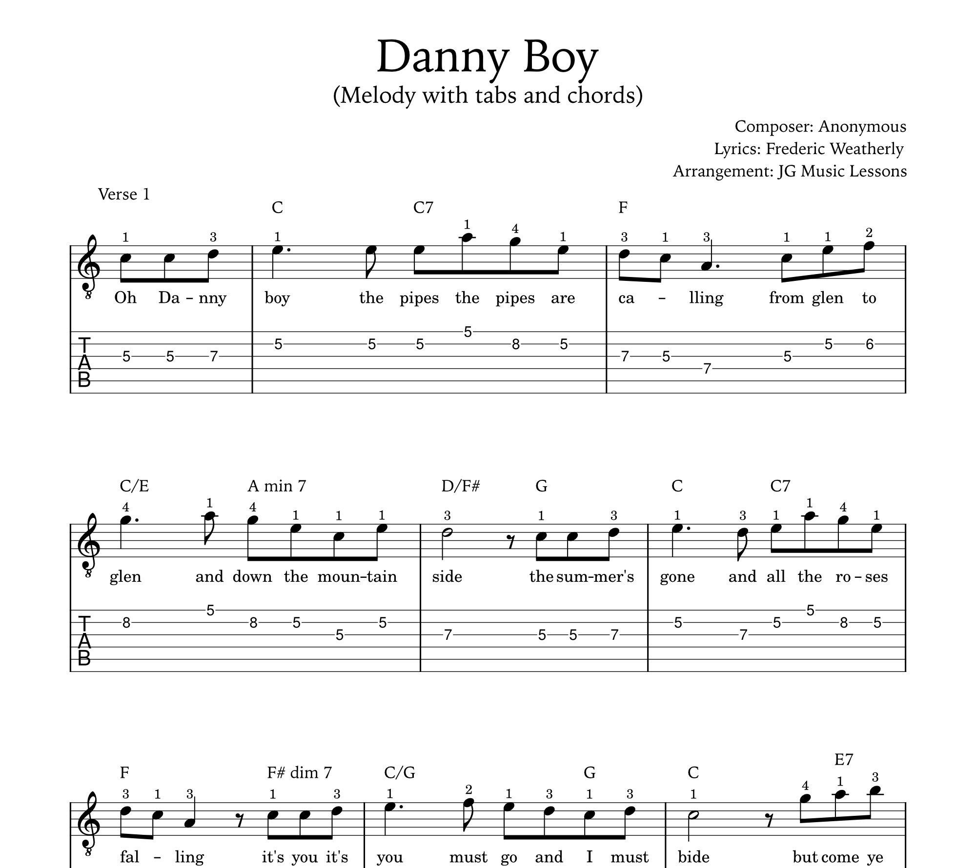 Danny Boy Guitar Sheet Music With Tabs Chords, Melody, and Arrangement ...