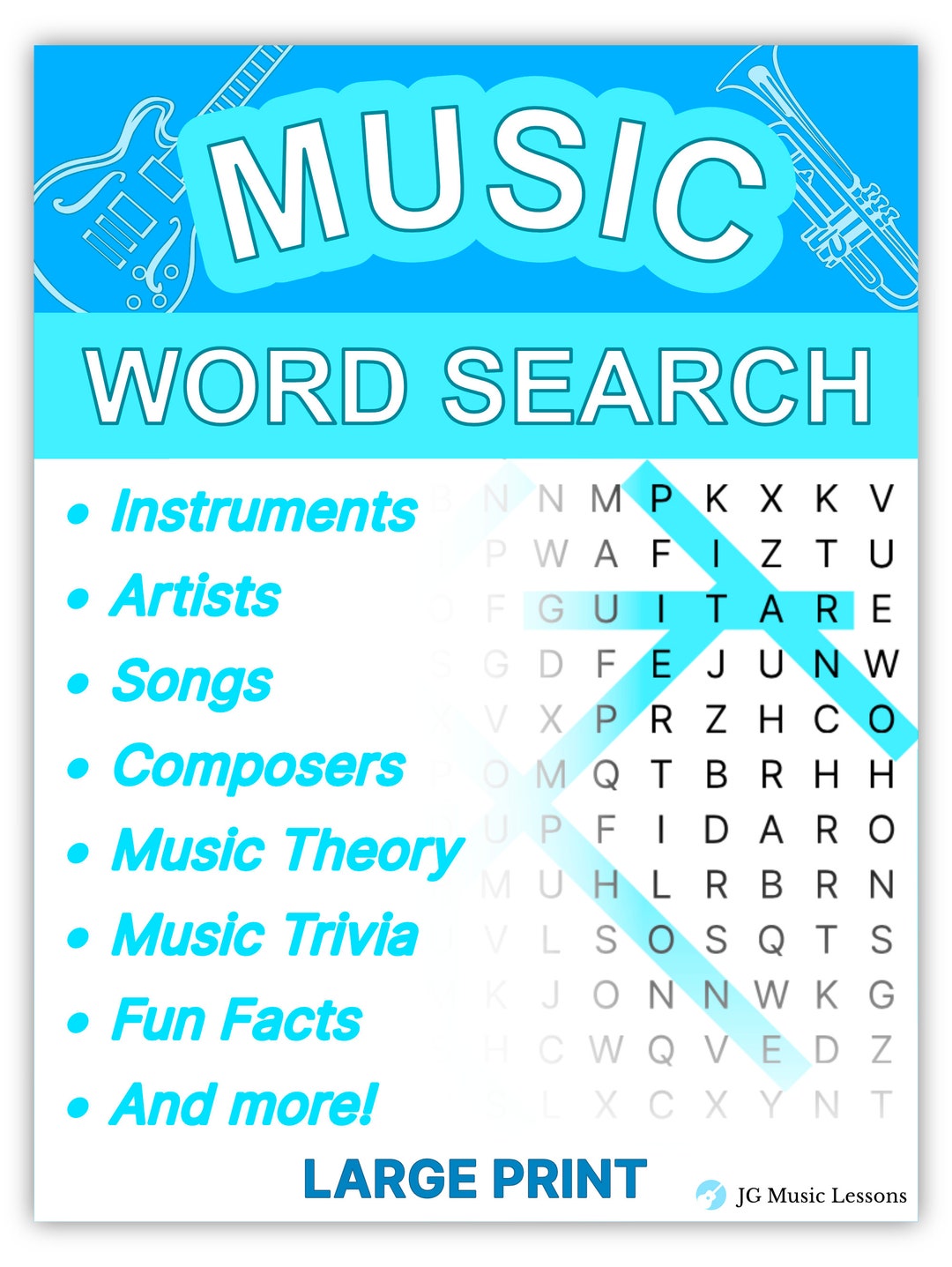 Music Word Search: Instruments, Artists, Songs, Composers, Music Theory ...