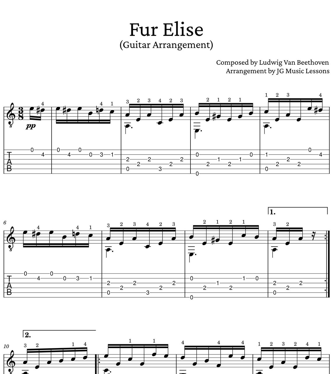 Fur Elise Guitar Sheet Music With Tabs - Chord Charts, Melody and ...