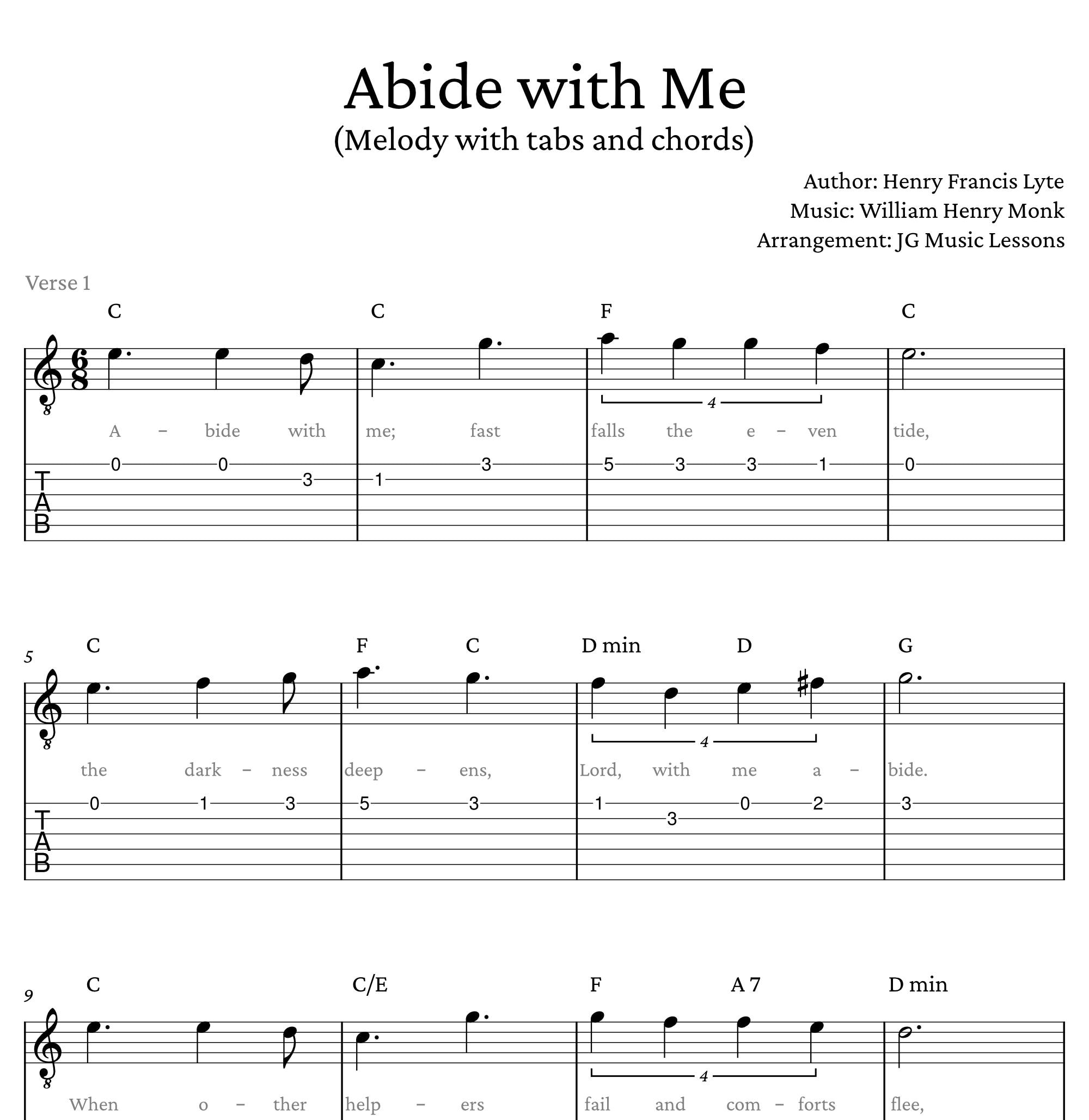 Abide With Me Guitar Sheet Music With Tabs - Chords, Melody, and ...