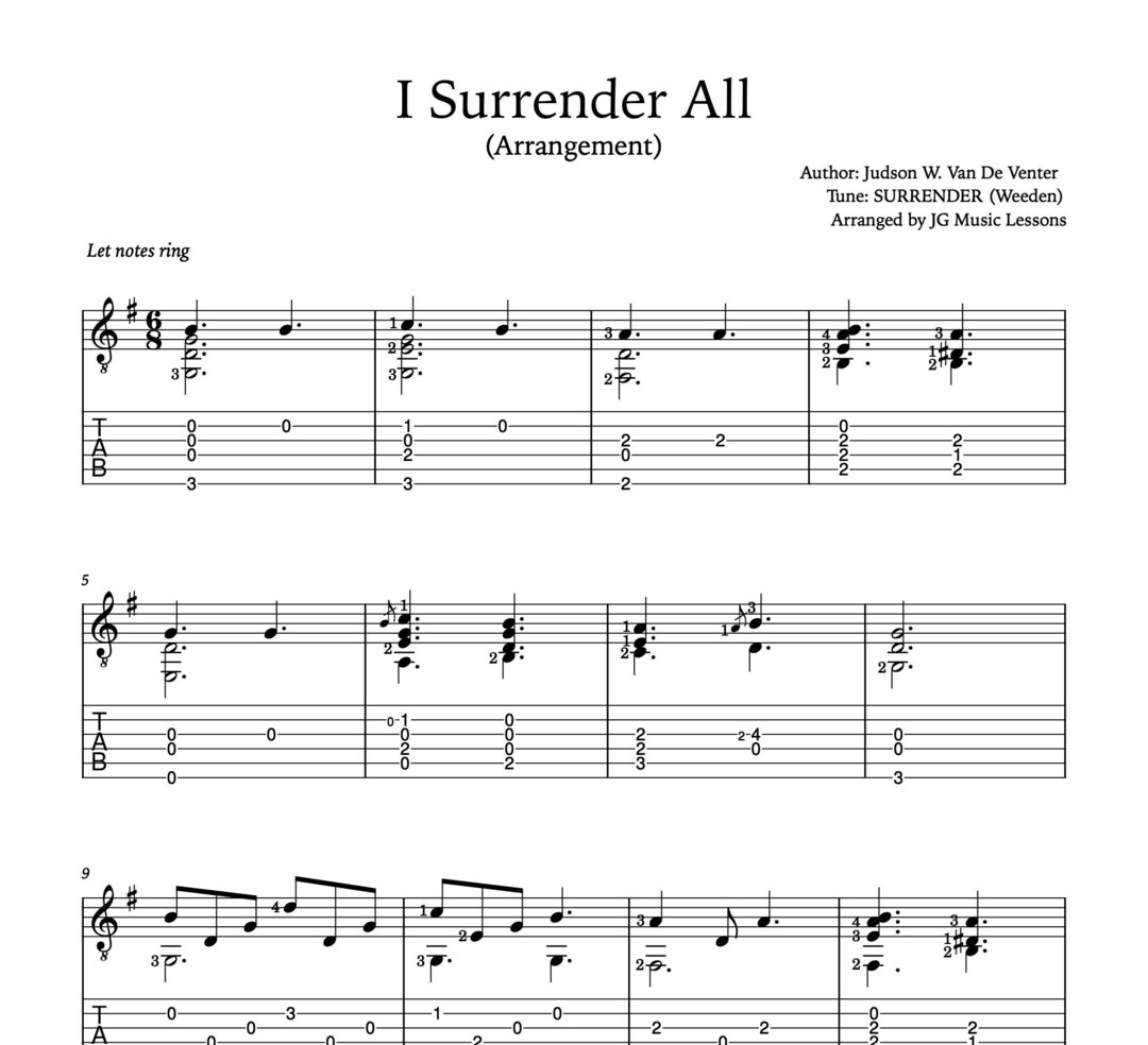 I Surrender All Guitar Sheet Music With Tabs - Chords, Melody, and ...