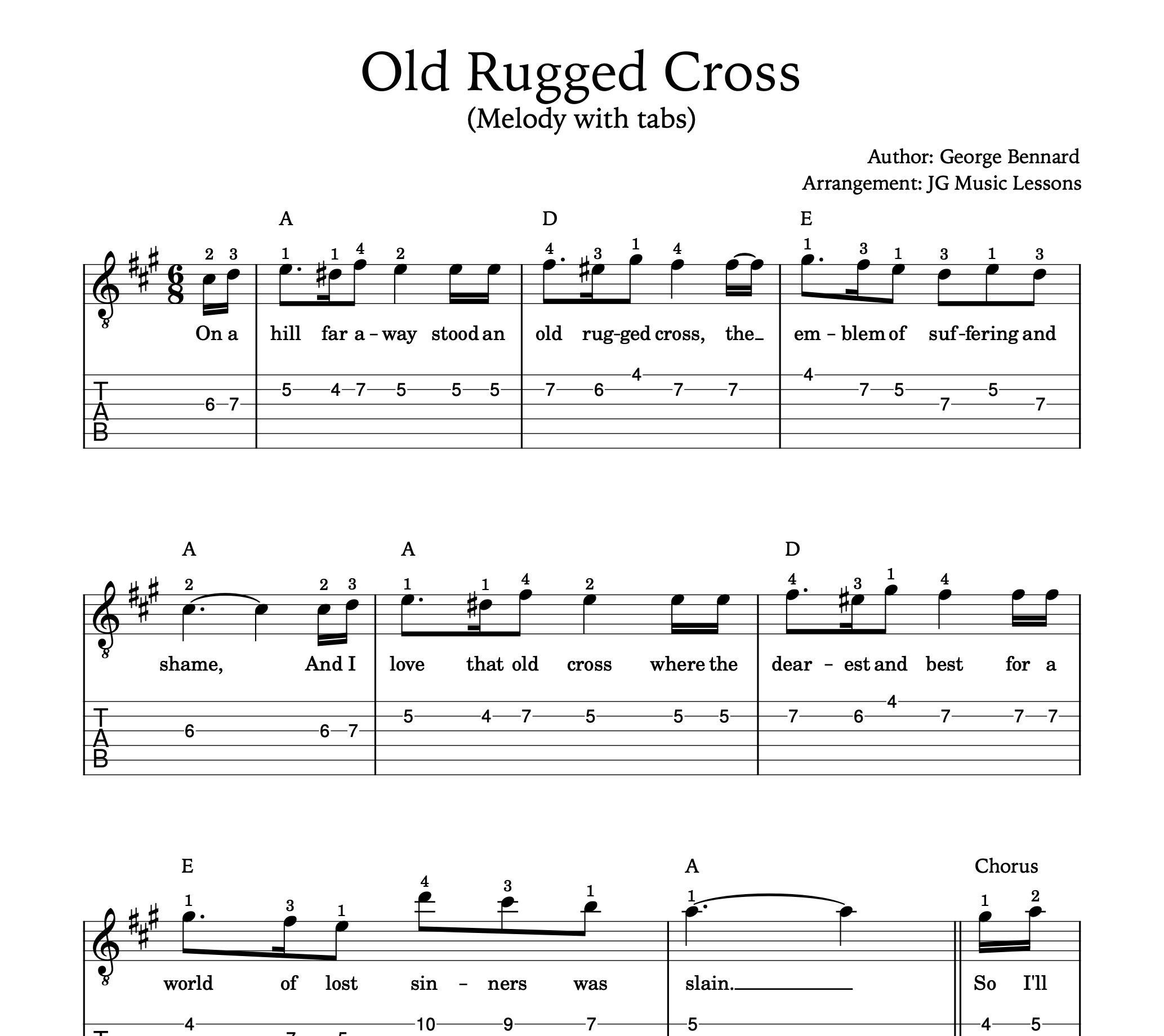 Old Rugged Cross Sheet Music: Guitar Tabs and Chords (printable PDF) - Etsy