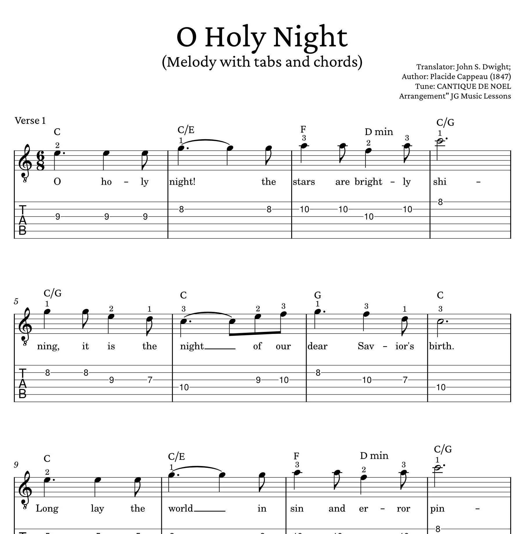 O Holy Night Guitar Sheet Music With Tabs Chords, Melody, and ...