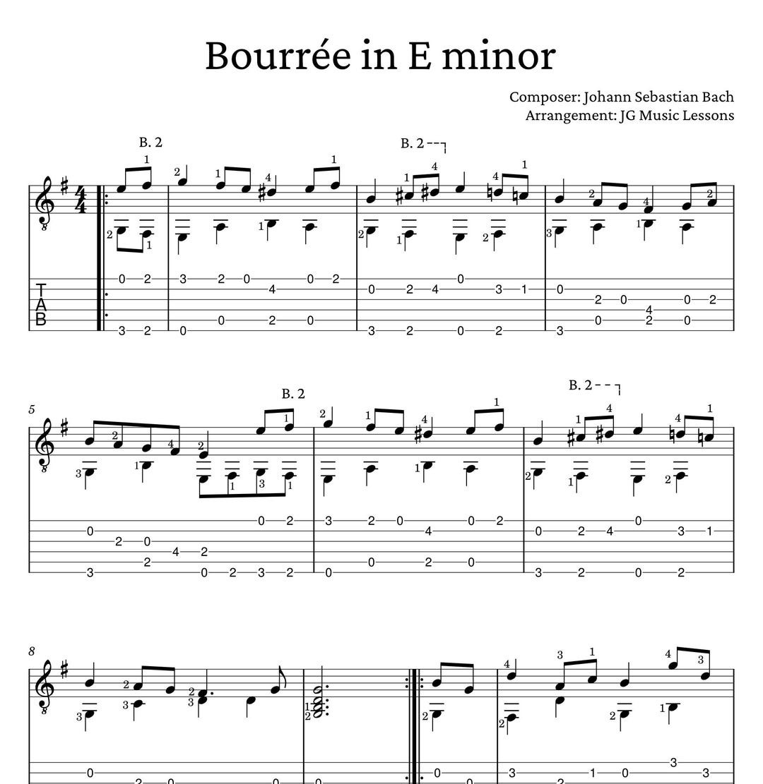 Bourree in E Minor by Bach - Guitar Arrangement With Tabs - Etsy