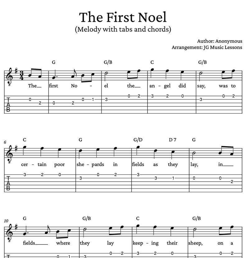 The First Noel Guitar Sheet Music With Tabs Chords, Melody, and ...