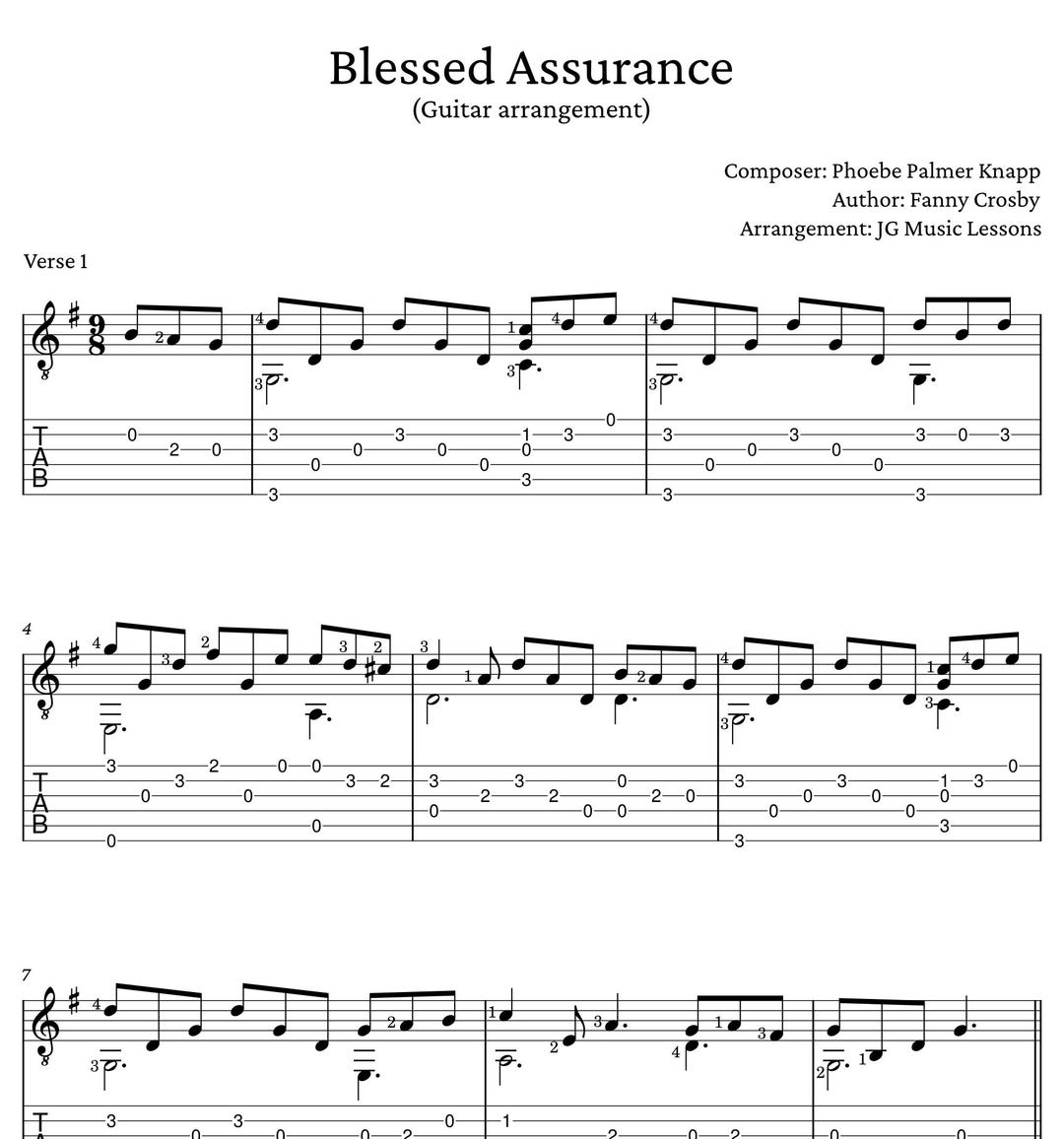 Blessed Assurance Guitar Sheet Music With Tabs, Chord Charts, Melody ...