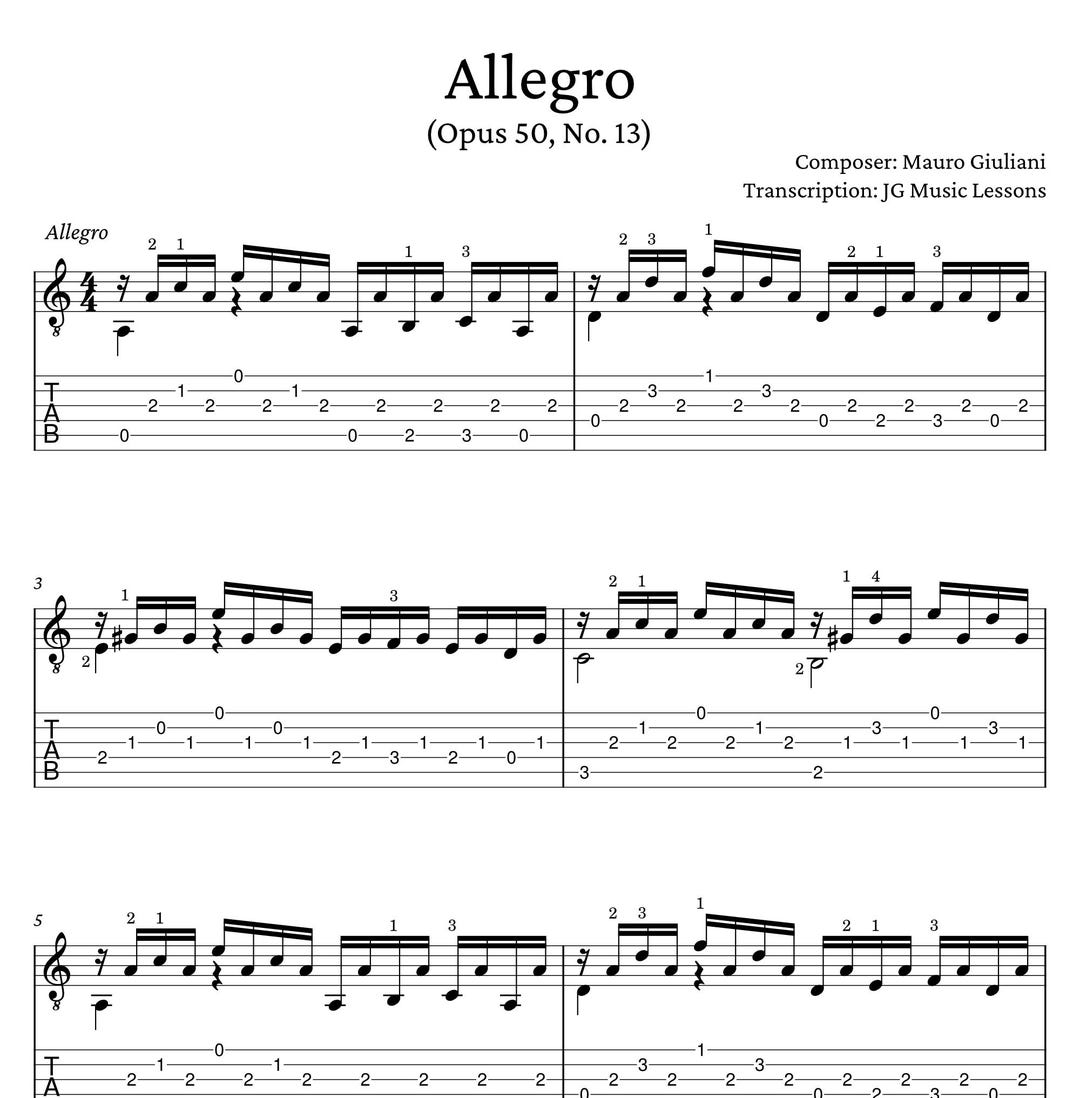 Allegro Guitar Music: Giuliani Op. 50 No. 13 (tabs and Chords) - Etsy