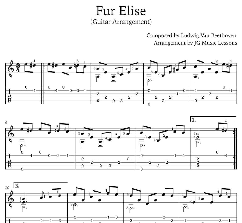 Fur Elise Guitar Sheet Music With Tabs Chord Charts Melody - Etsy