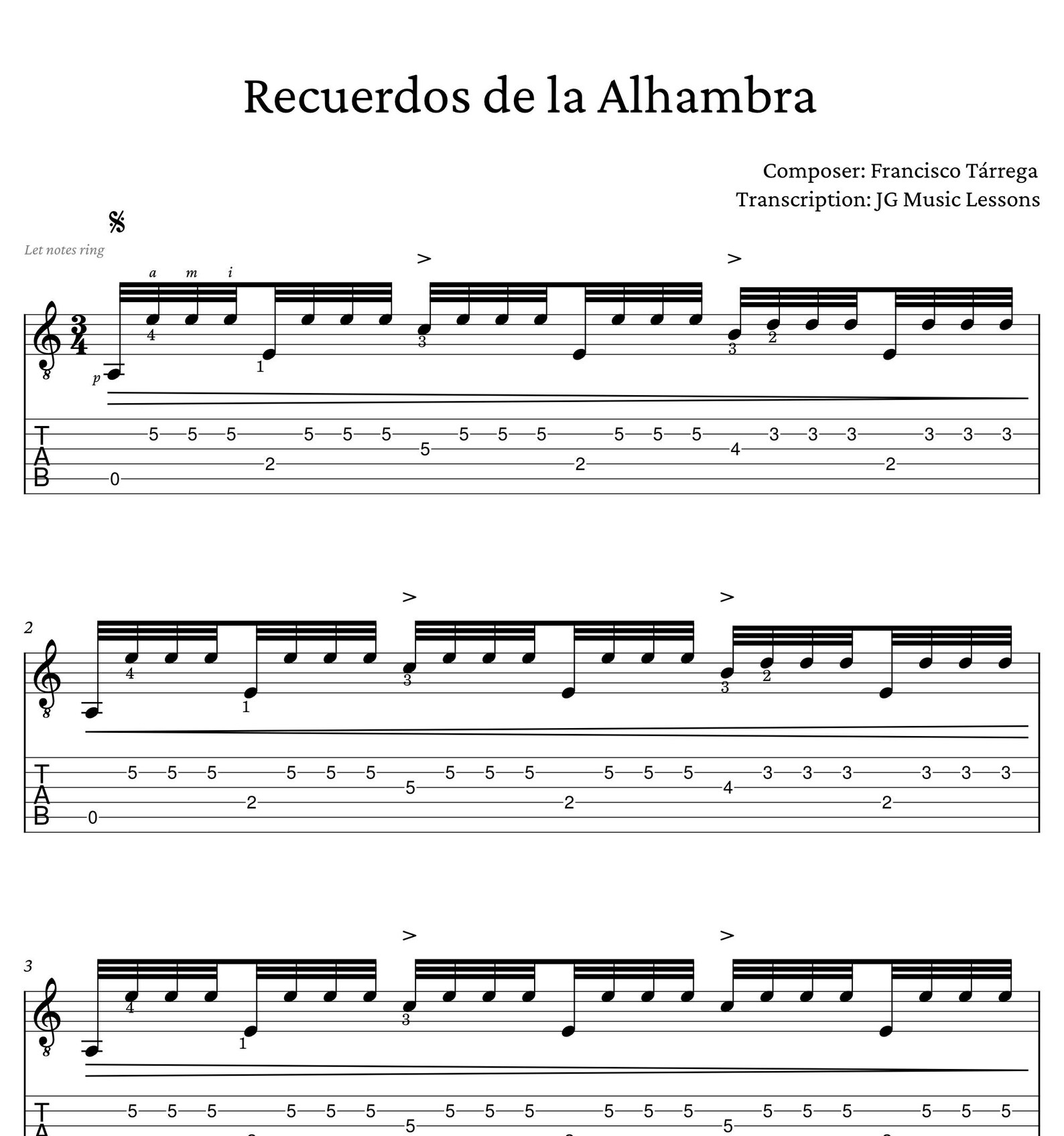 Recuerdos De La Alhambra Sheet Music: Tárrega Guitar Tabs - Etsy