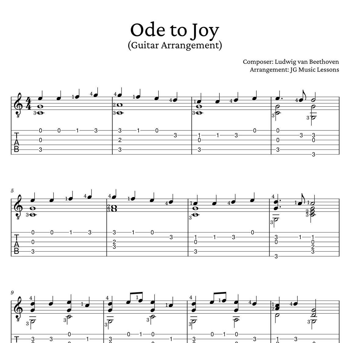 Ode To Joy Guitar Sheet Music Tabs And Chords Easy Fingerpicking Etsy 6926