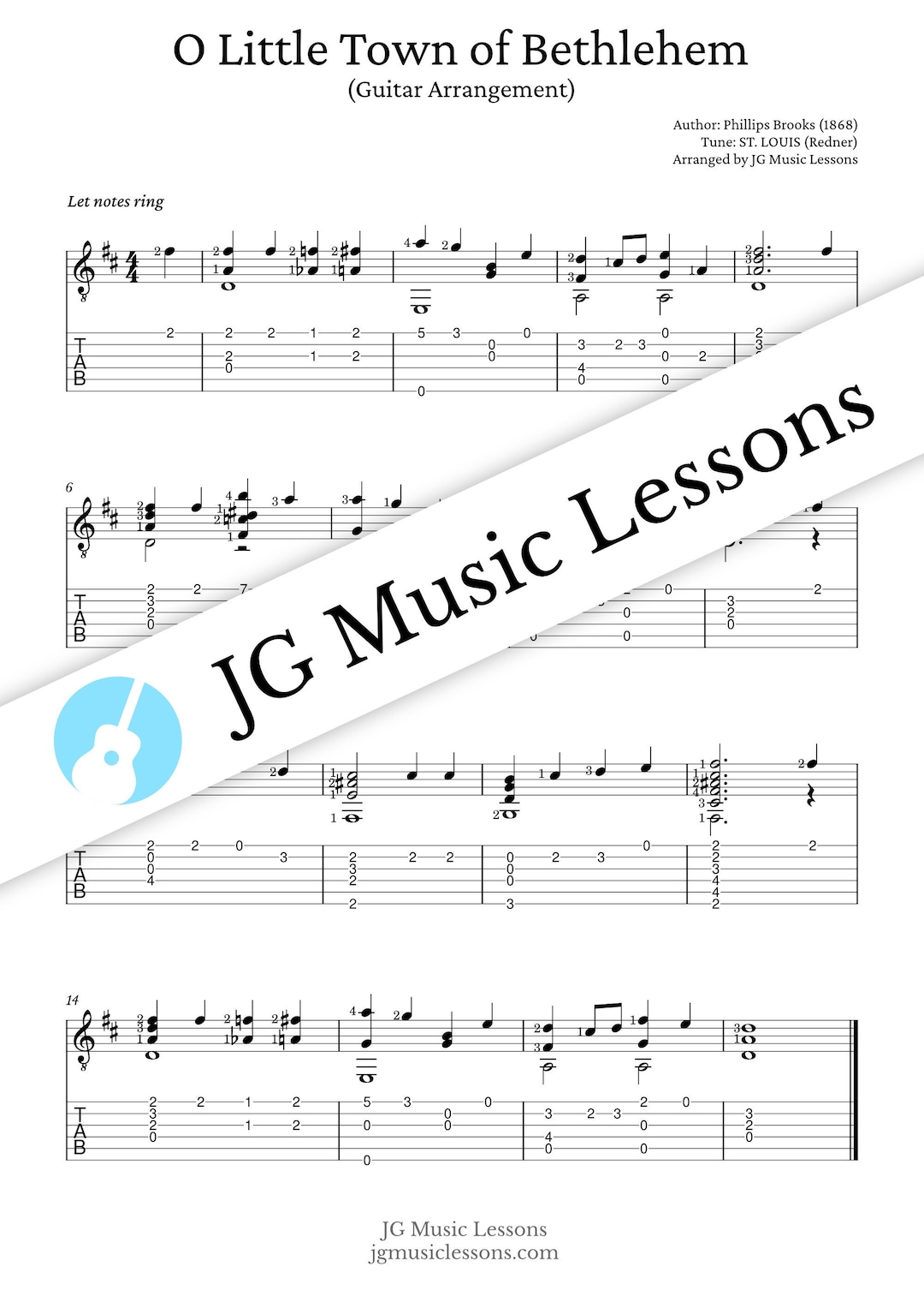 O Little Town of Bethlehem Guitar Sheet Music With Tabs Chords, Melody ...