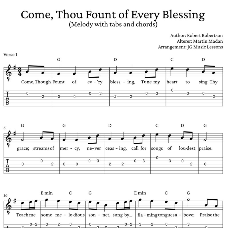 Come Thou Fount of Every Blessing Guitar Sheet Music With Tabs - Chords ...