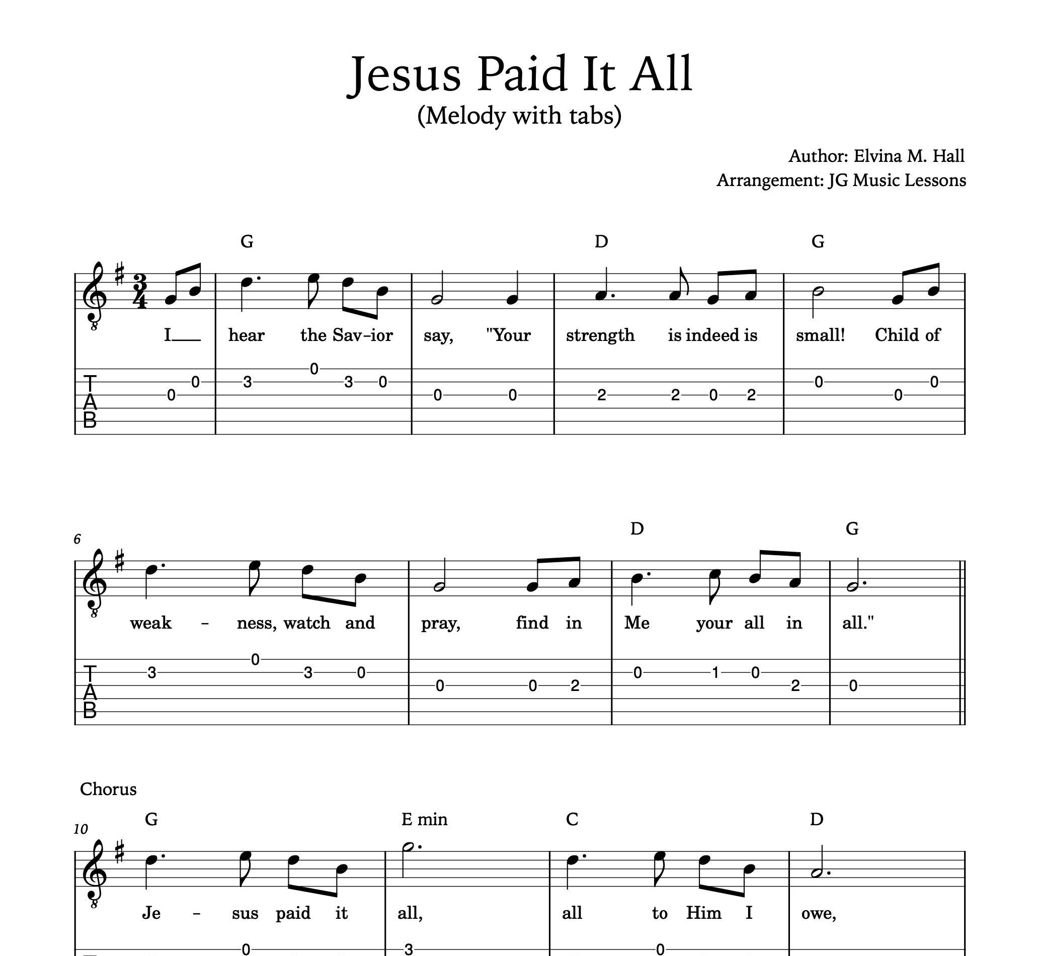 Jesus Paid It All Guitar Sheet Music With Tabs - Chords, Melody, and ...