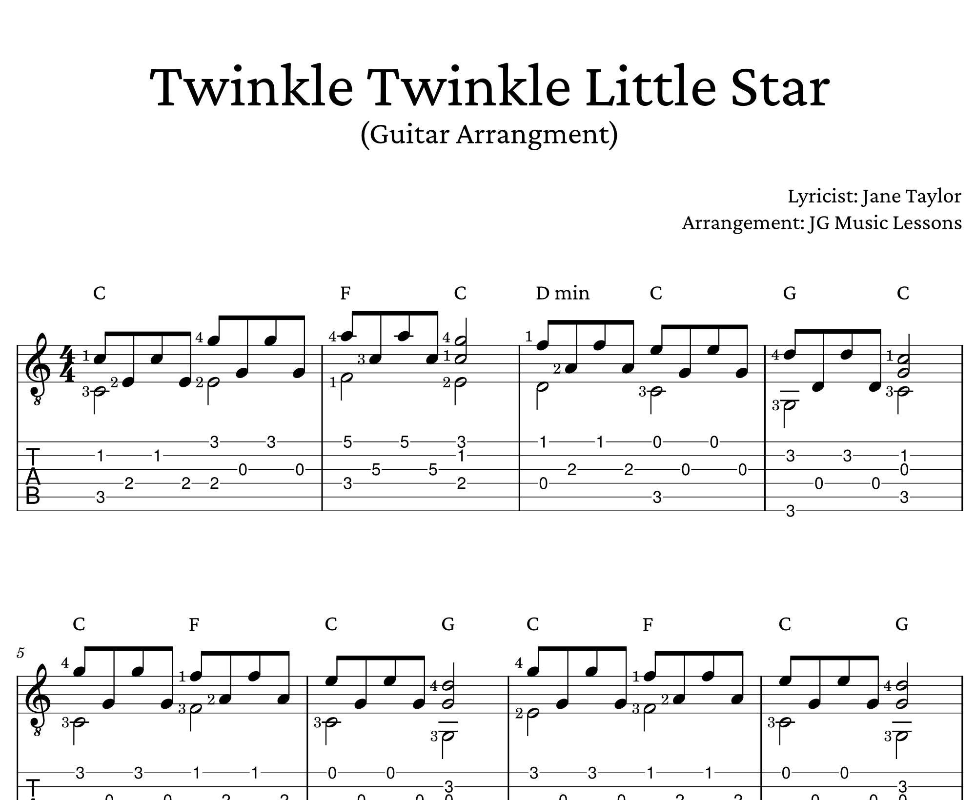 Twinkle Twinkle Little Star Guitar Sheet Music With Tabs - Chords ...