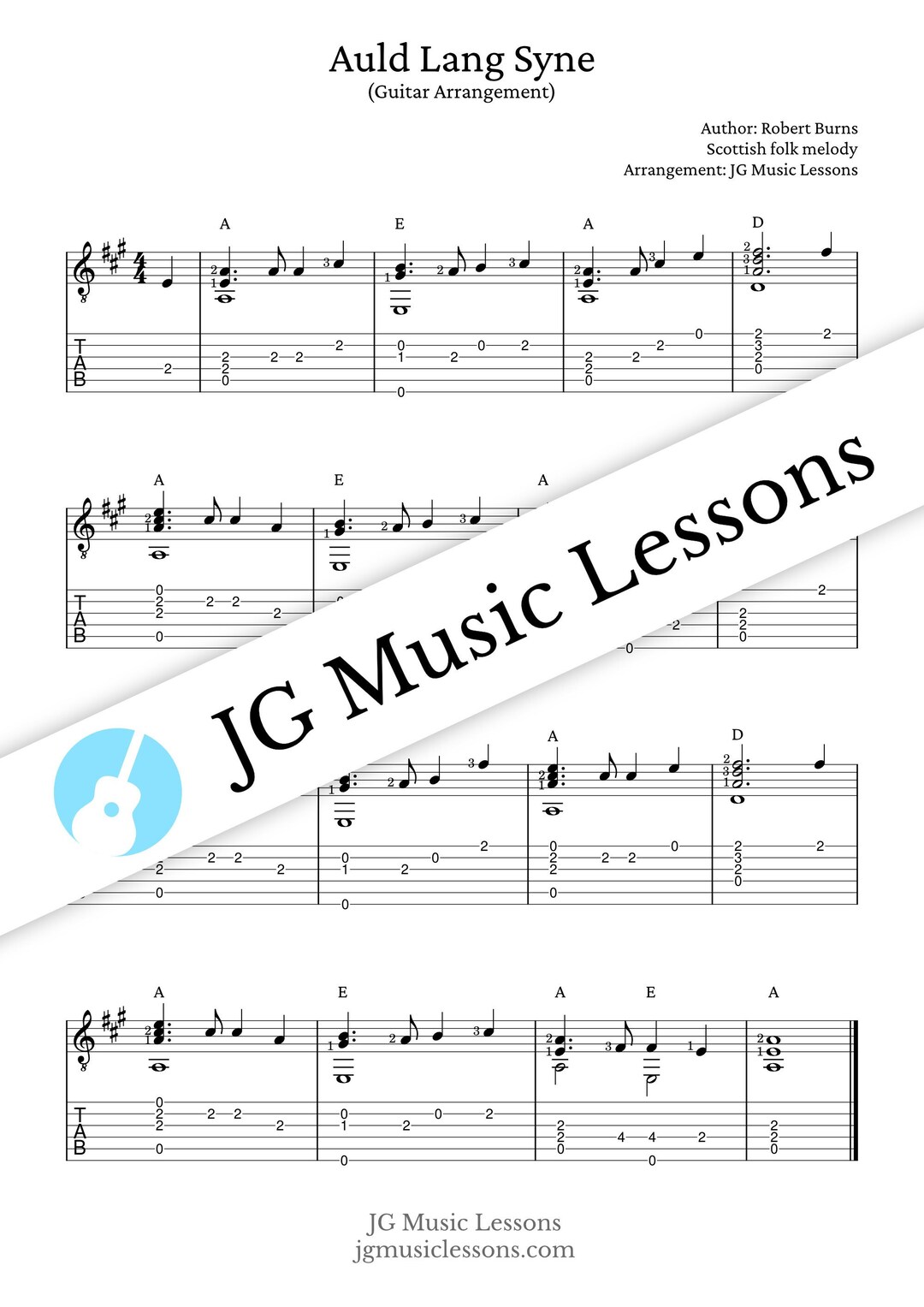 Auld Lang Syne Guitar Tabs and Chords (melody & Arrangement) - Etsy
