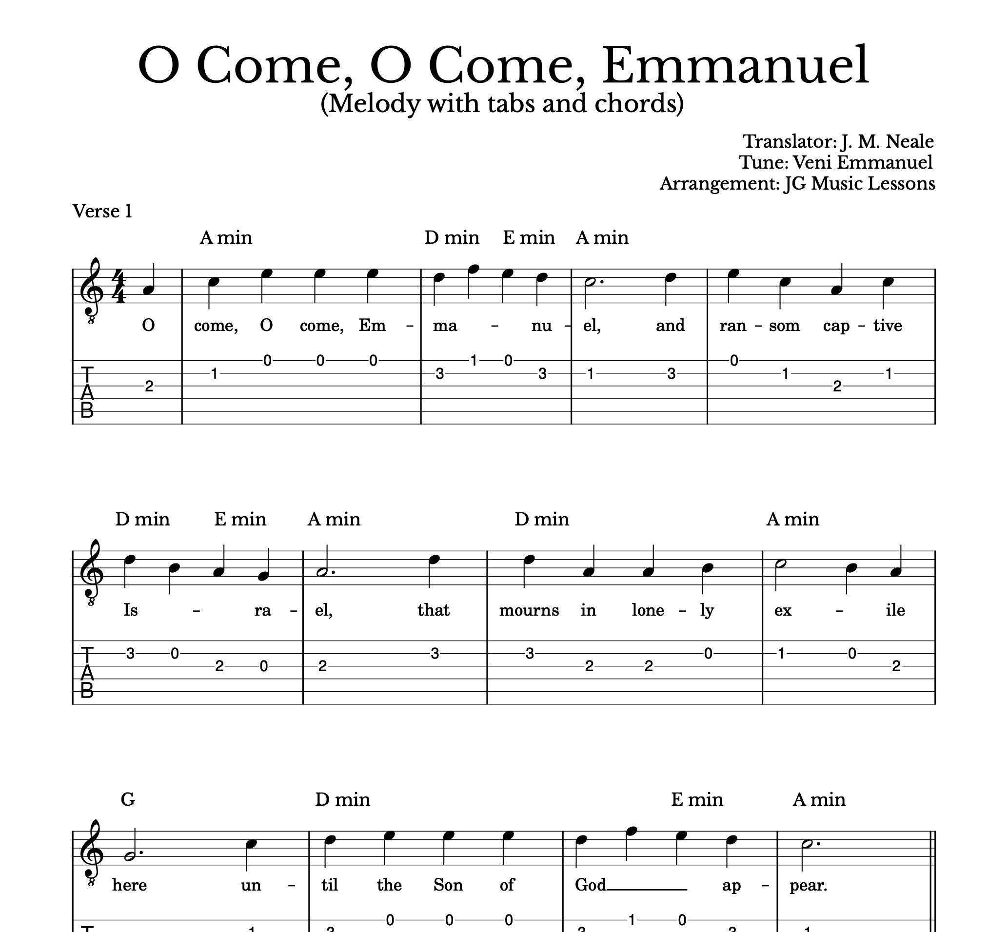 O Come O Come Emmanuel Guitar Sheet Music With Tabs Chords, Melody ...