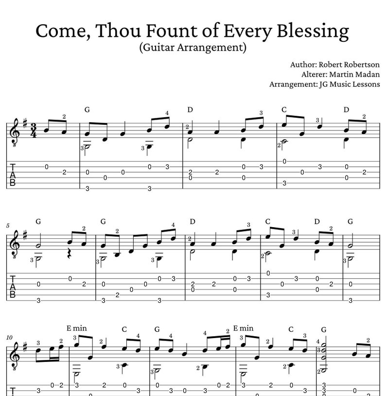 Come Thou Fount of Every Blessing Guitar Sheet Music With Tabs - Chords ...