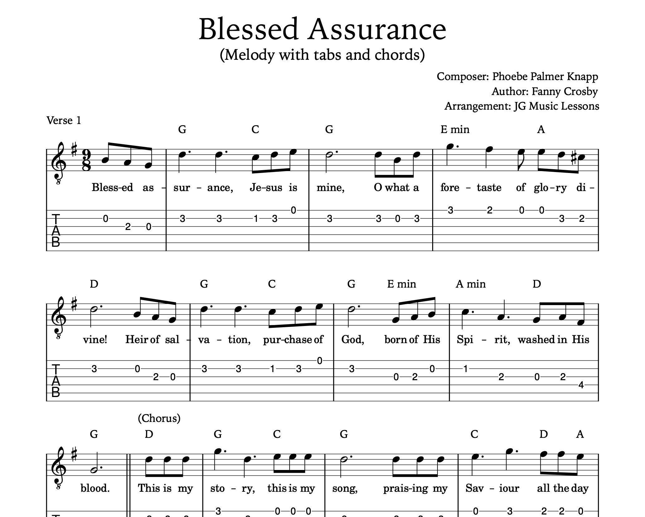 Blessed Assurance Guitar Sheet Music With Tabs, Chord Charts, Melody ...