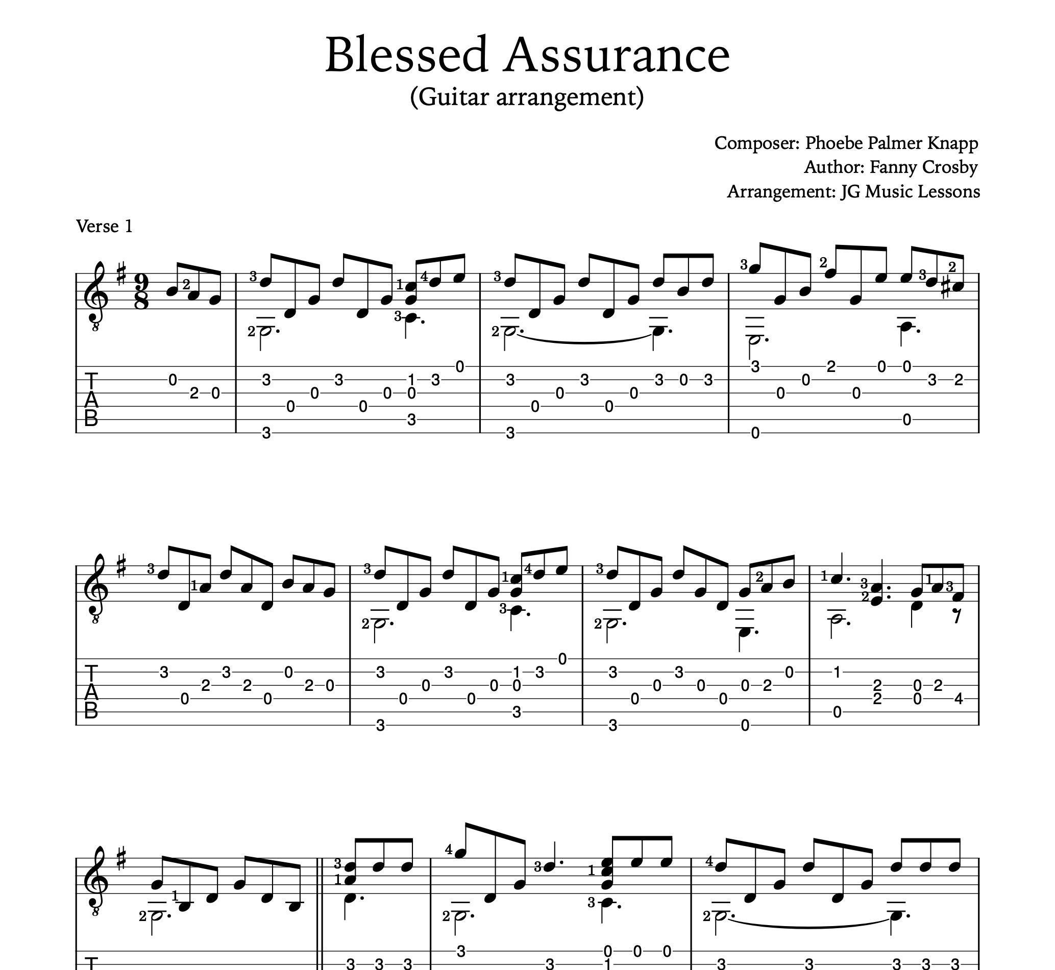 Blessed Assurance Guitar Sheet Music With Tabs, Chord Charts, Melody ...
