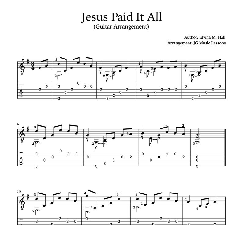 Jesus Paid It All Guitar Sheet Music With Tabs - Chords, Melody, and ...