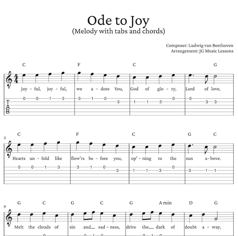 Ode to Joy Guitar Sheet Music, Tabs & Chords (easy Fingerpicking) - Etsy