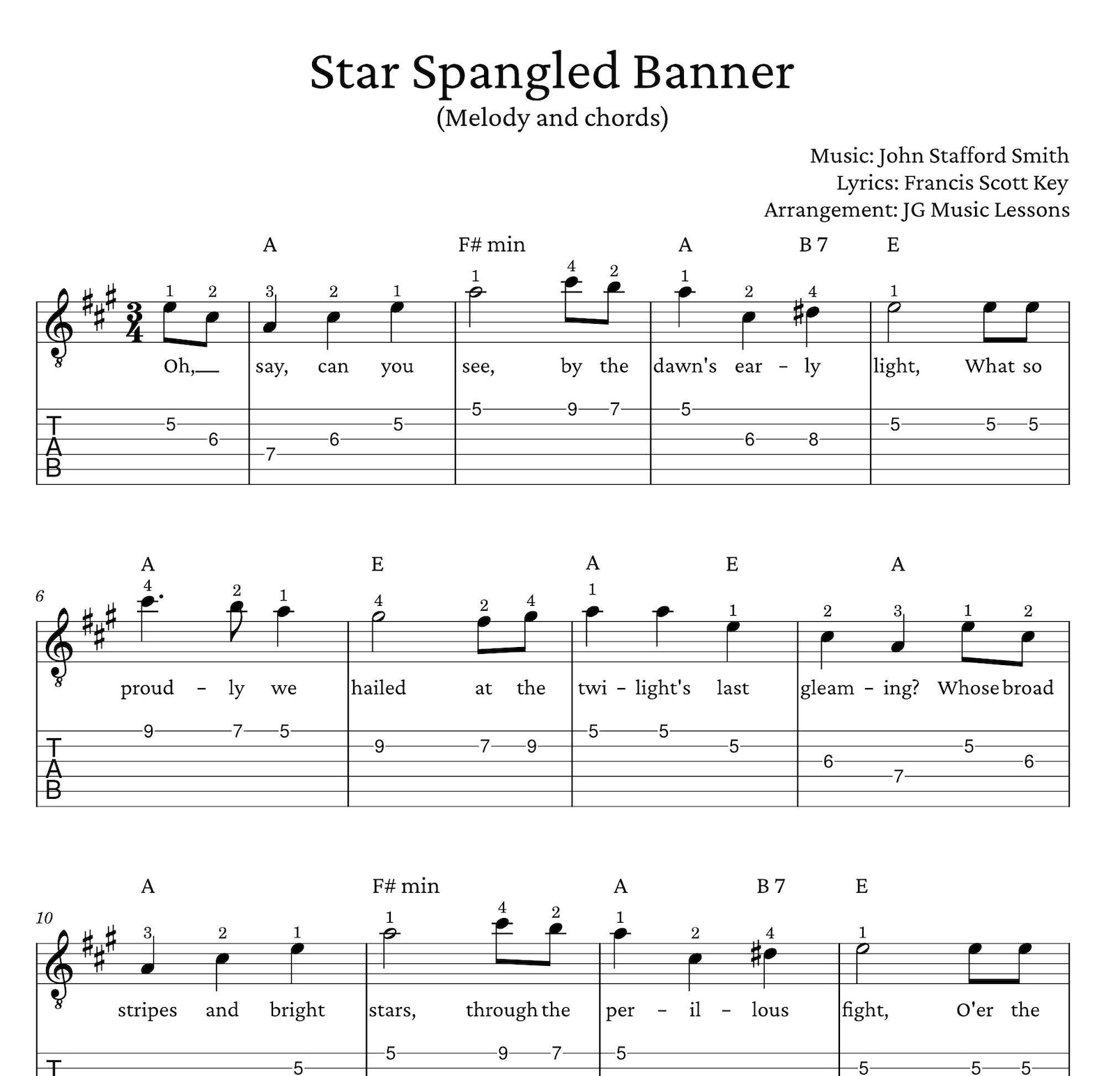 Star Spangled Banner Guitar Sheet Music - Tabs and Chord Charts - Etsy