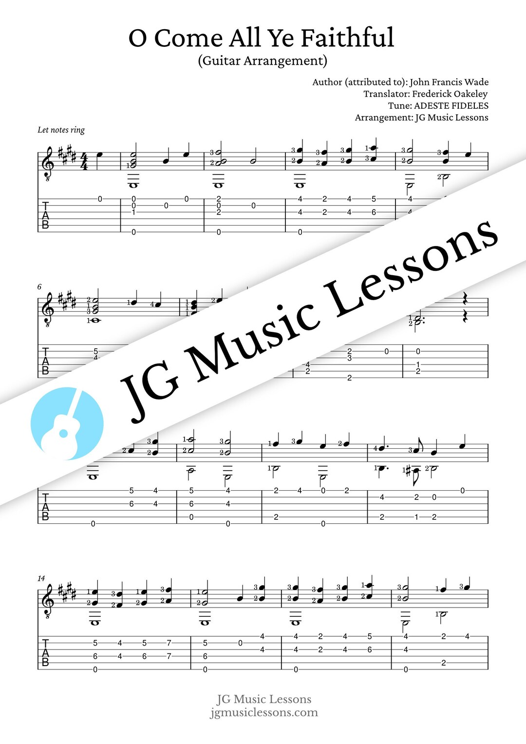 O Come All Ye Faithful Guitar Sheet Music Chords Melody - Etsy